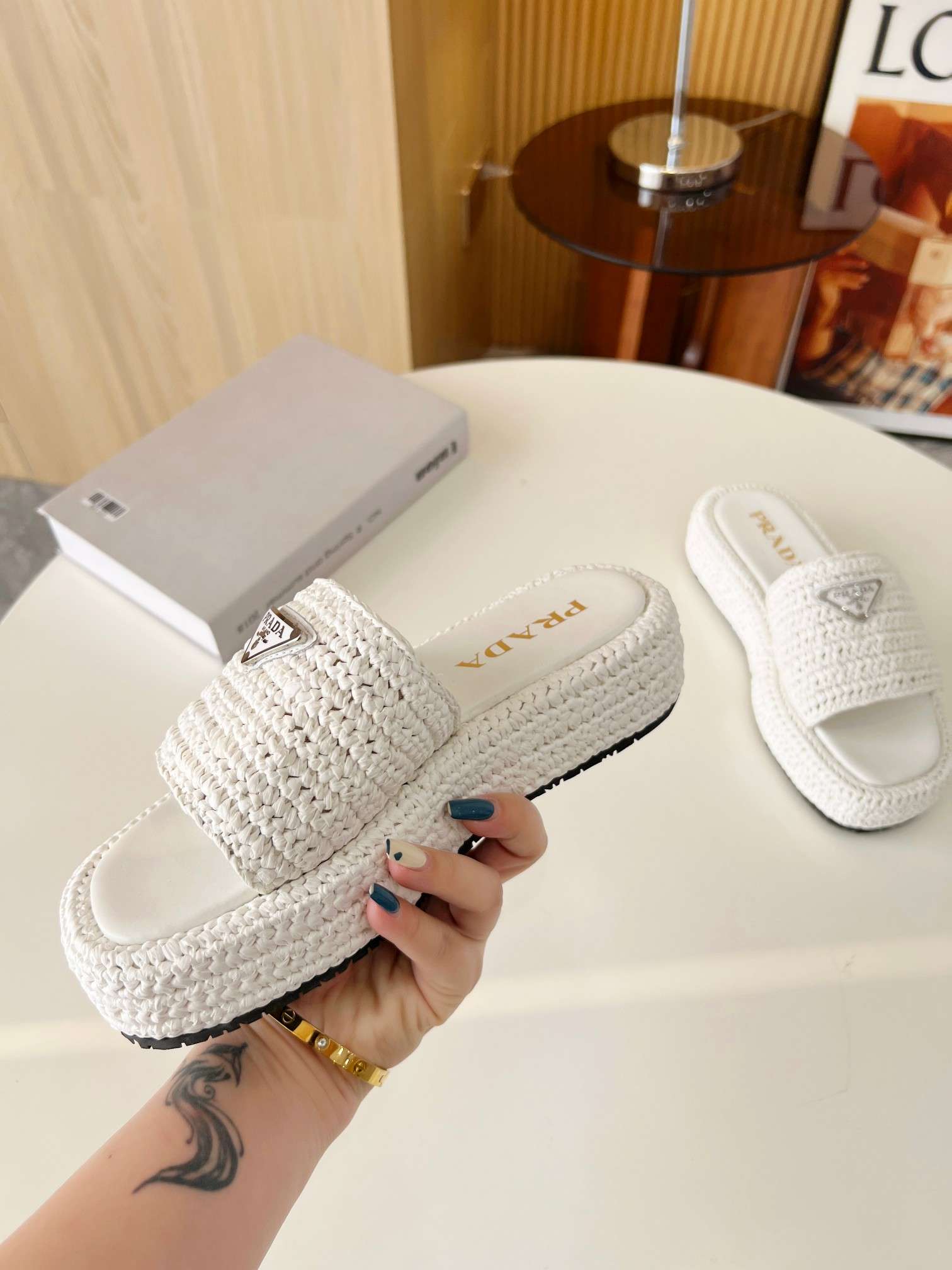 Prada Crochet Flatform Slides White For Women - Temafes