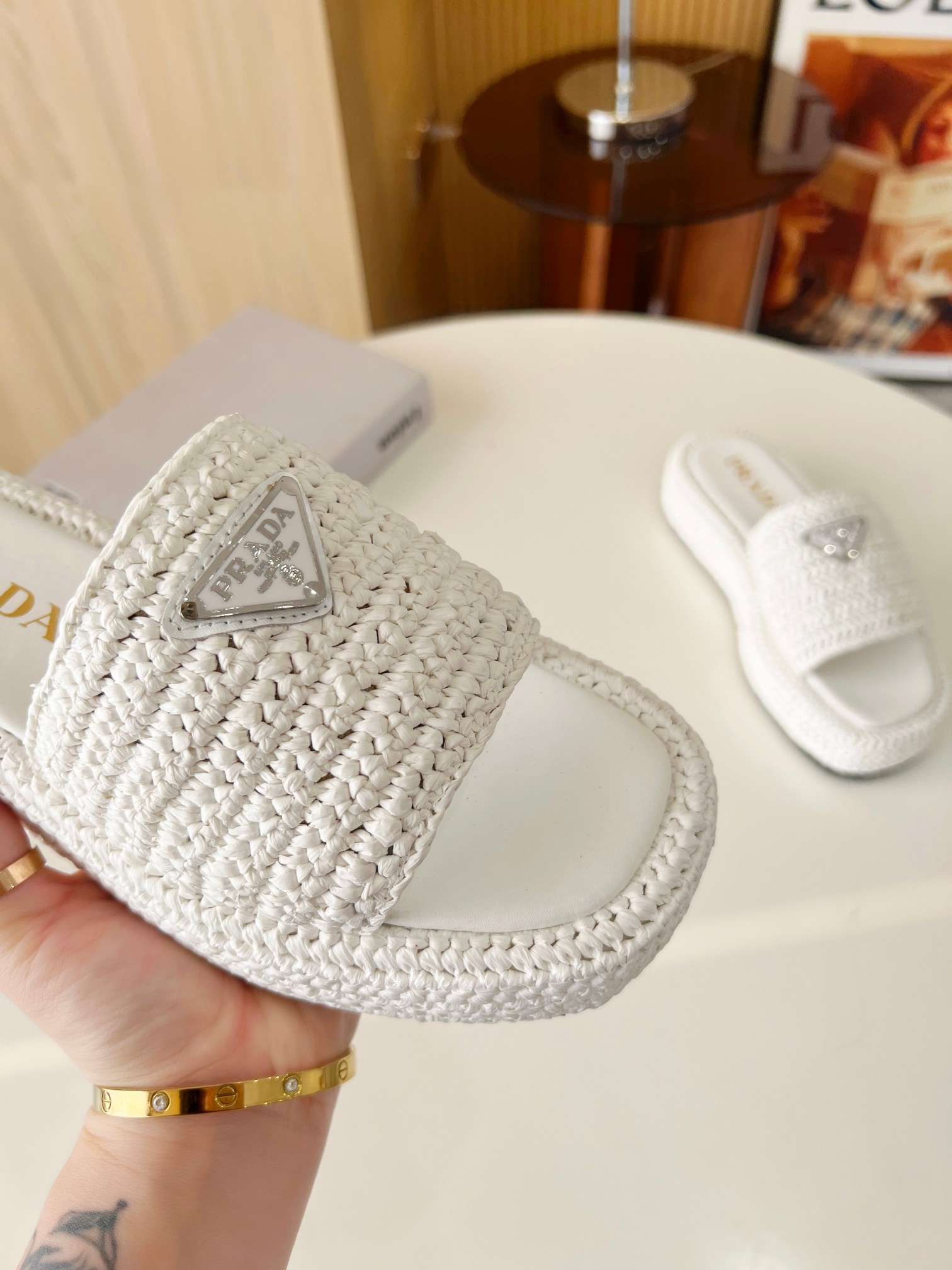 Prada Crochet Flatform Slides White For Women - Temafes