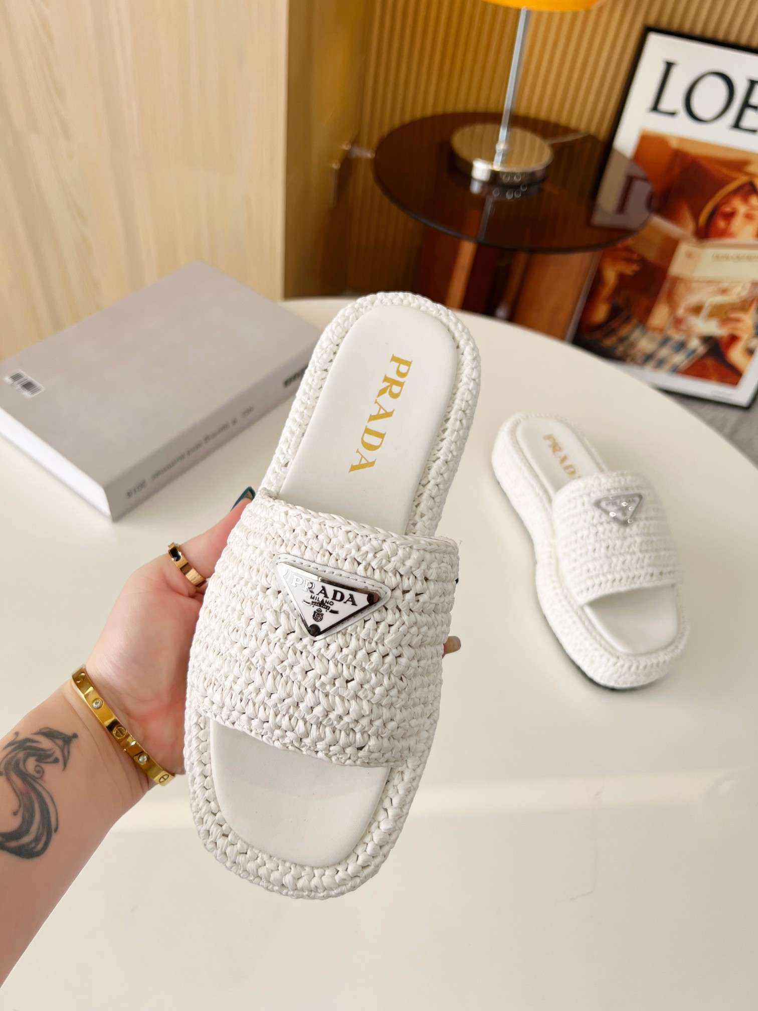 Prada Crochet Flatform Slides White For Women - Temafes