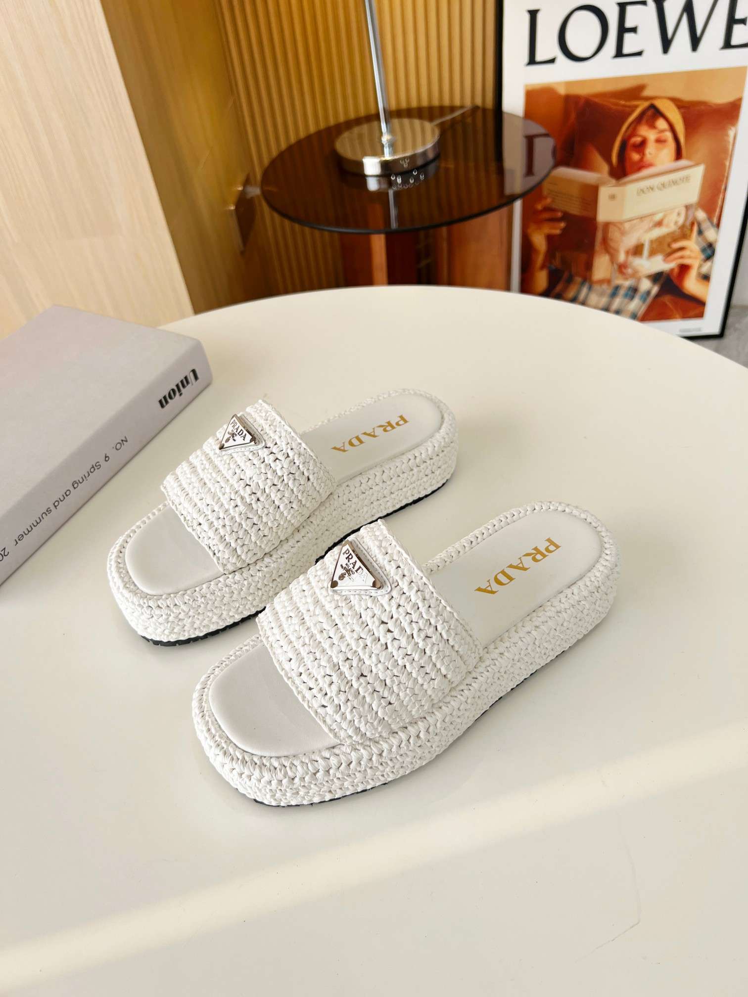 Prada Crochet Flatform Slides White For Women - Temafes