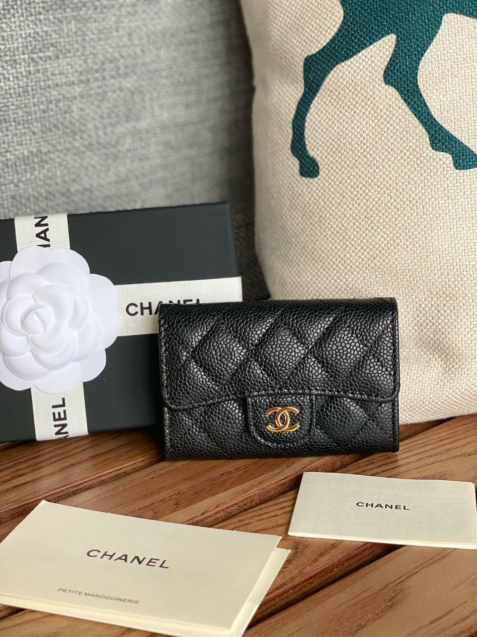 Chanel Classic Card Holder Gold Black For Women, Women’s Wallet 4.5in ...