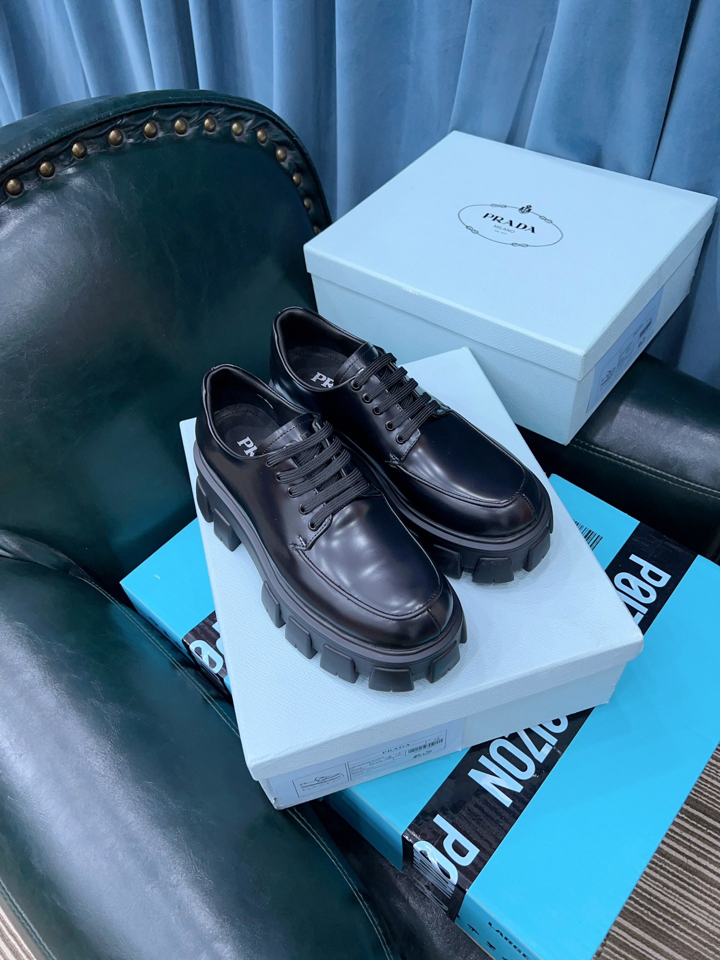 Prada Monolith Brushed Lace-Up Shoes Black For Women 2.4in/60mm PRD ...