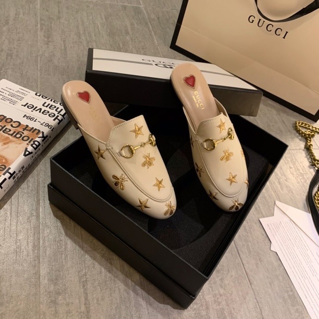 Gucci Princetown Slipper With Bee Stars Beige For Women GG - TEMAFES